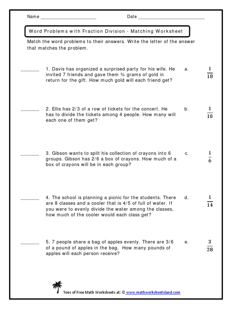 Word Problems With Fraction Division - Matching Worksheet: Name - Date ...