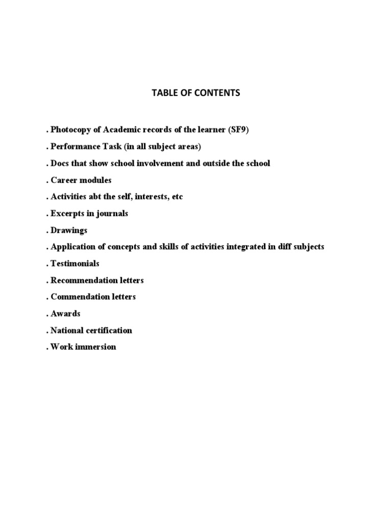 TABLE of CONTENTS For Career Portfolio | PDF