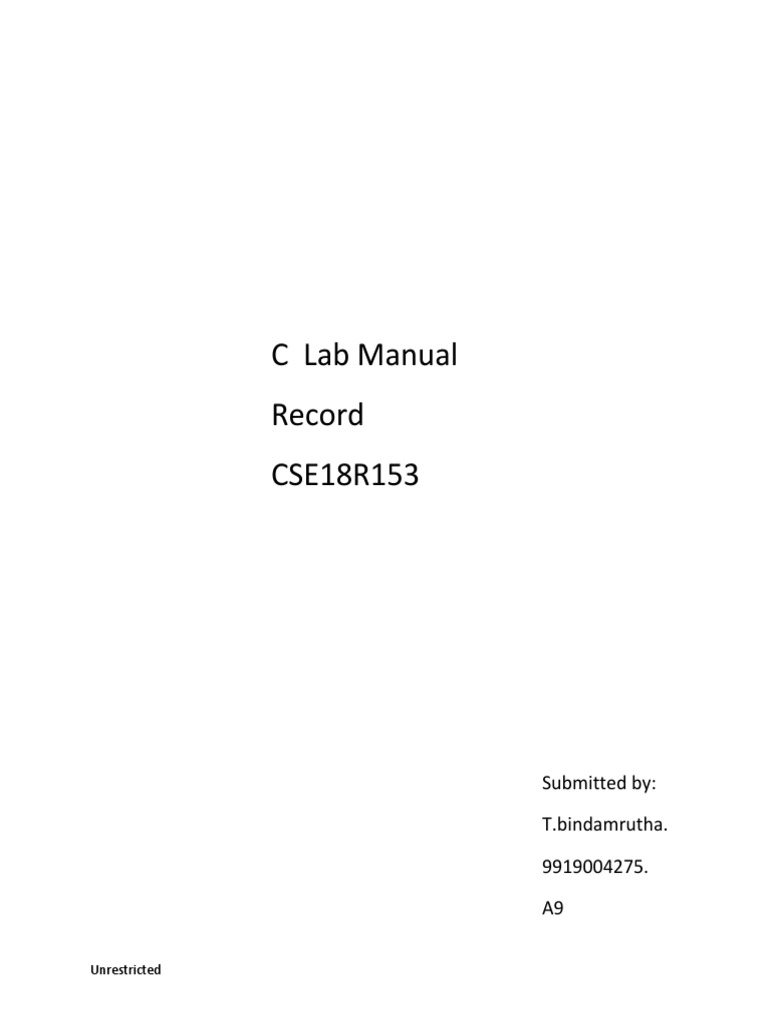 C Lab Manual Record CSE18R153: Submitted By: T.bindamrutha. 9919004275. A9 | PDF | Pointer ...