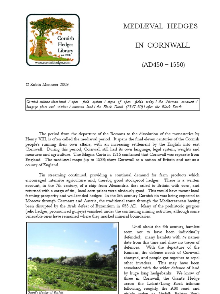 Medieval Hedges in Cornwall (AD 450 - 1550) | PDF | Cornwall | Enclosure