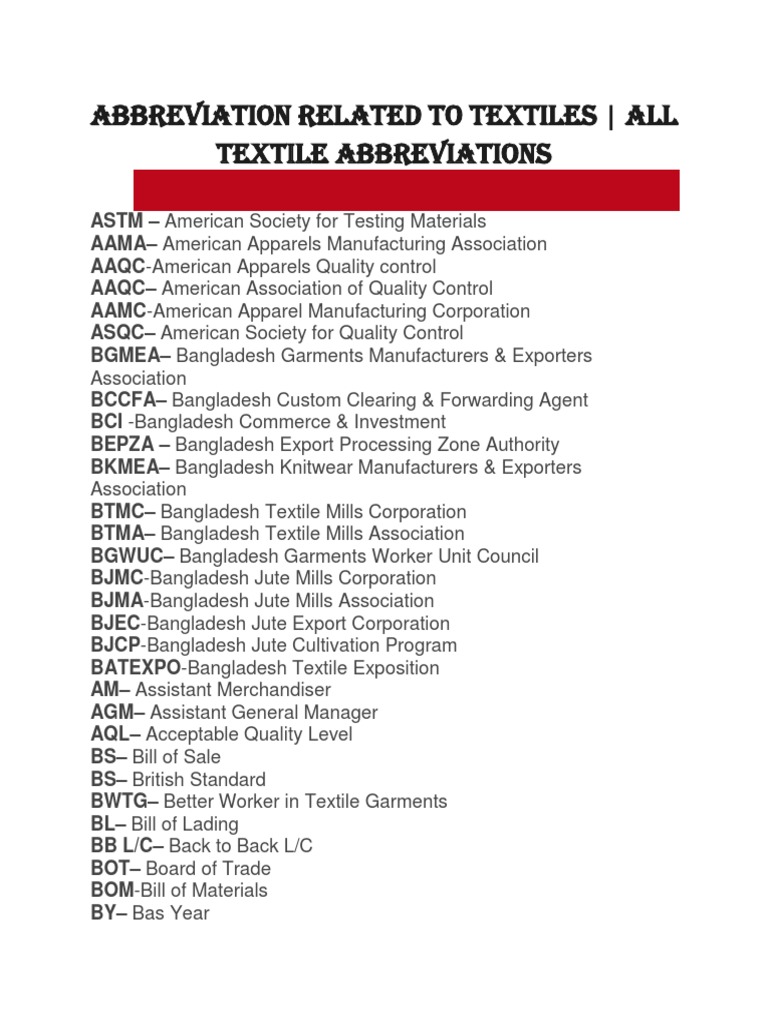 Textile Abbreviations and Acronyms Guide | PDF | European Union | Business