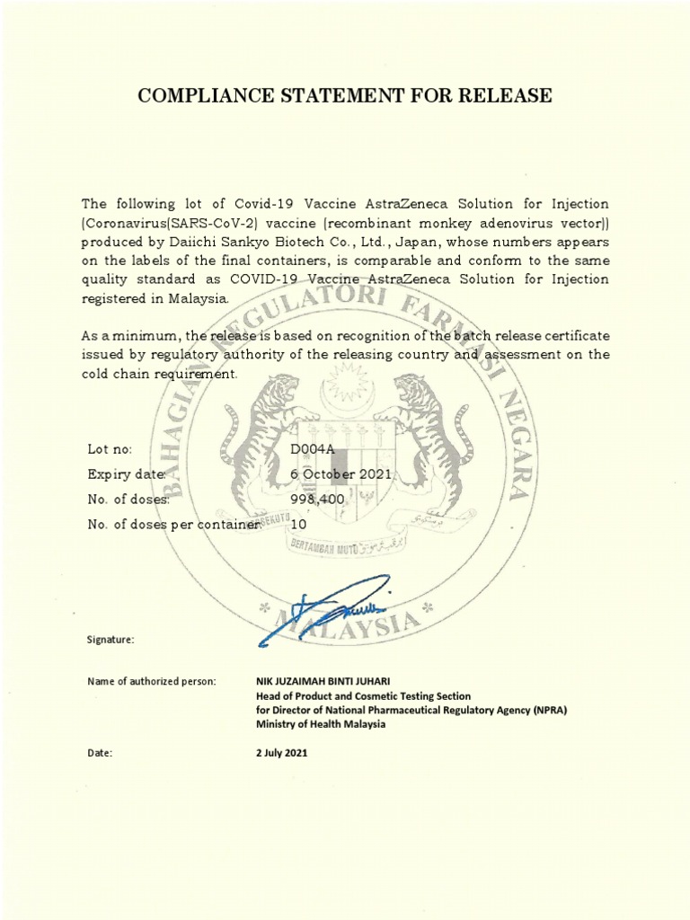 Covid-19 Vaccine AstraZeneca Solution For Injection D004A | PDF | Self-Improvement