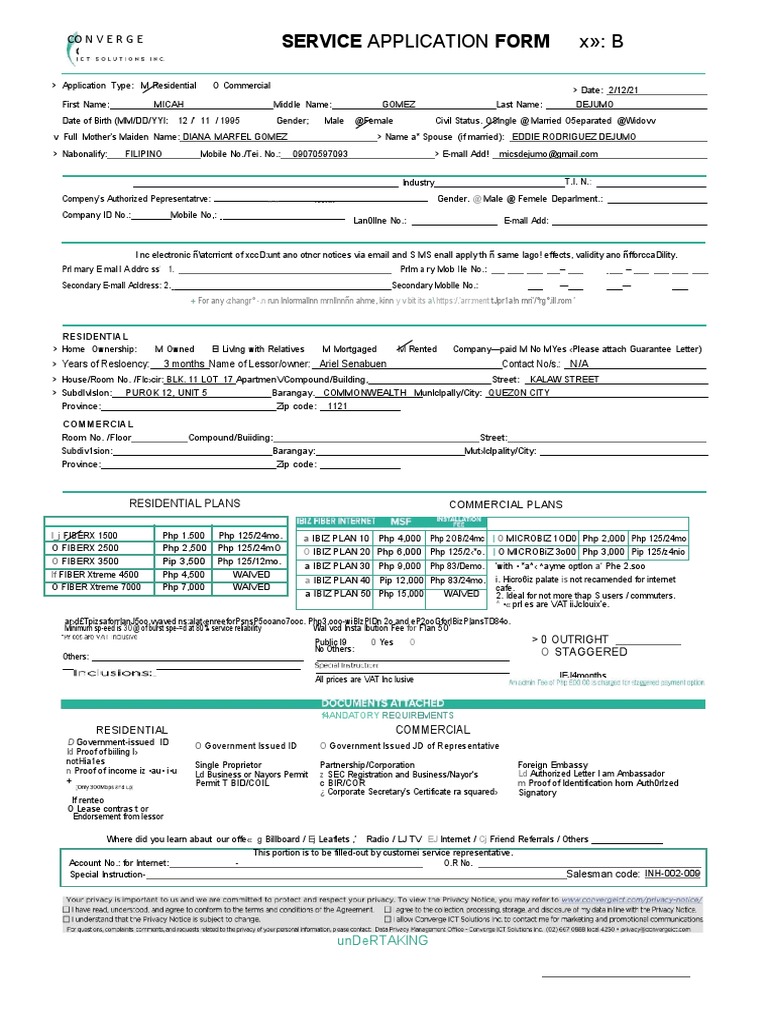 Converge Fiber Application Form | PDF