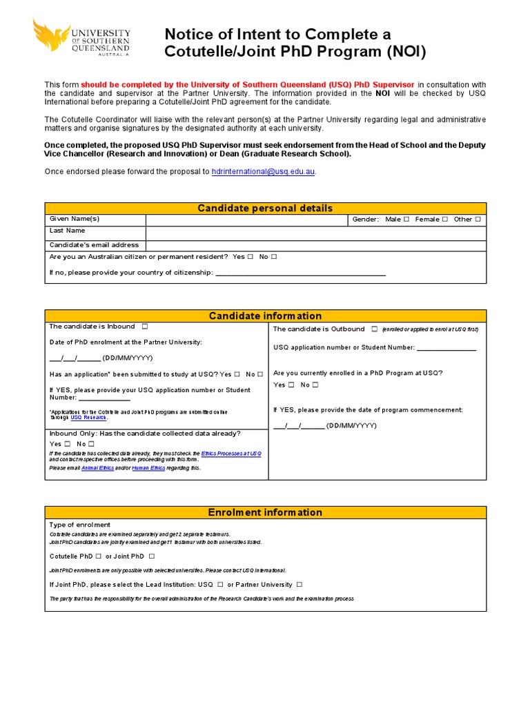 USQ NOI Cotutelle-Joint PHD Program Form | PDF | Thesis | Doctor Of Philosophy