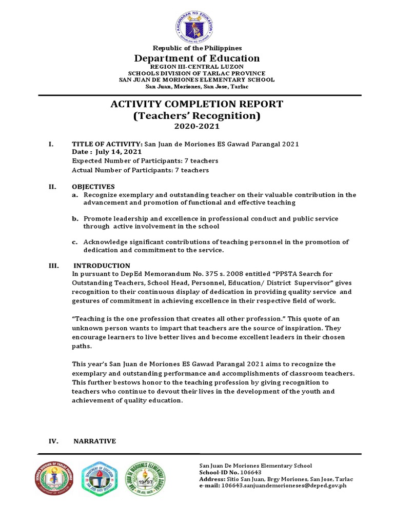 Activity Completion Report Gawad Parangal 2021 | PDF | Teachers | Cognition