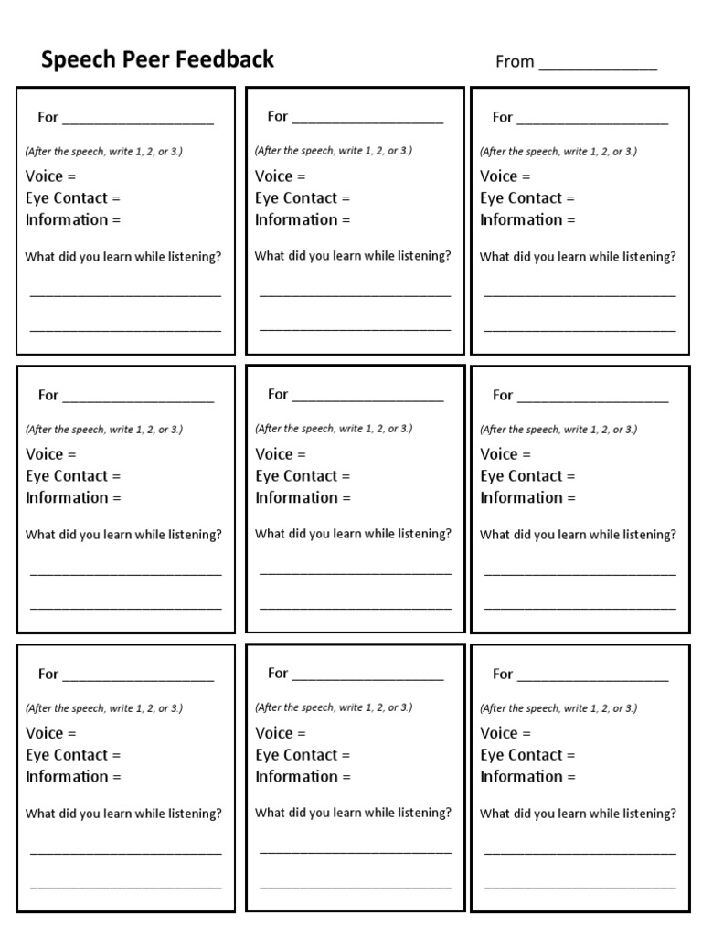 Peer Feedback Form for Evaluating Public Speaking Performance and ...