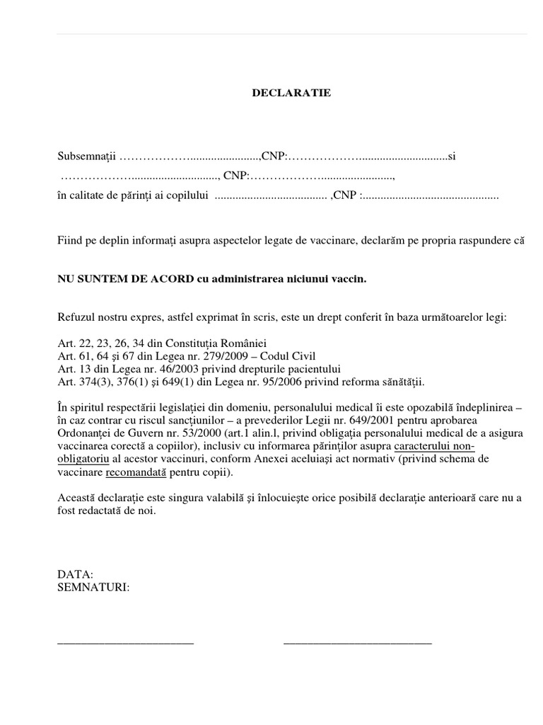 Declaratie Refuz Vaccinare Standard | PDF