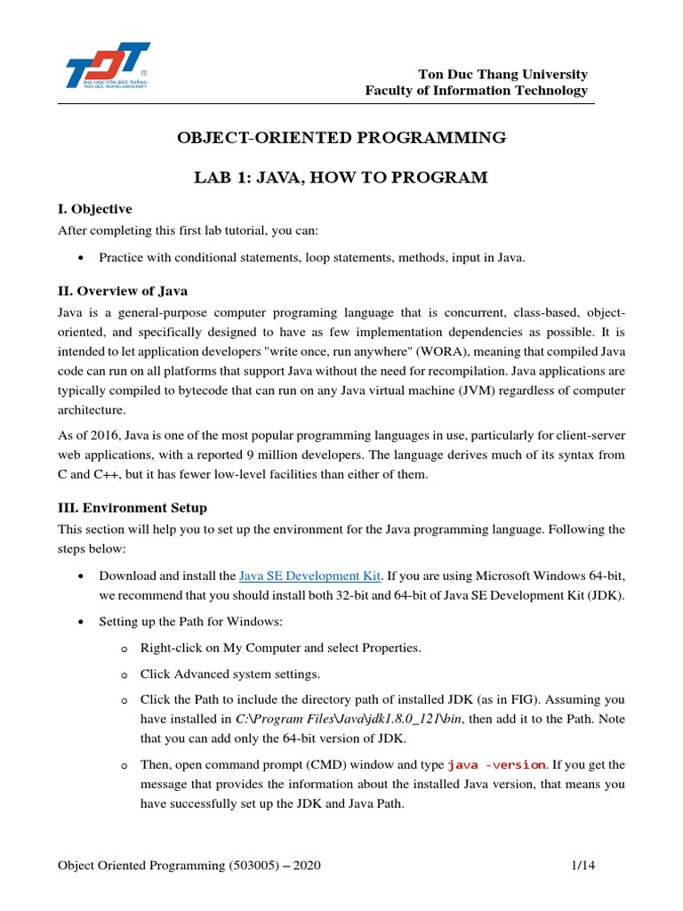 Object-Oriented Programming Lab 1: Java, How To Program: Ton Duc Thang University Faculty of ...