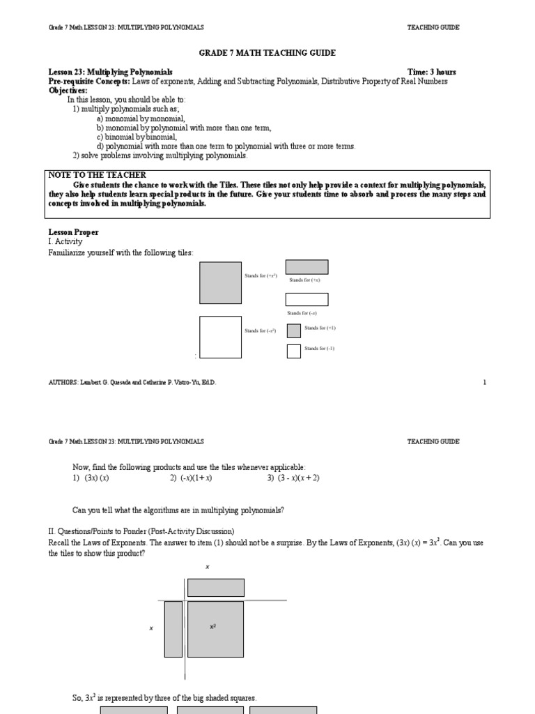 Grade 7 Math: Multiplying polynomials | PDF | Polynomial ...