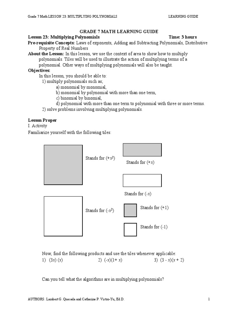 Grade 7 Guide to Multiplying Polynomials | PDF | Polynomial ...