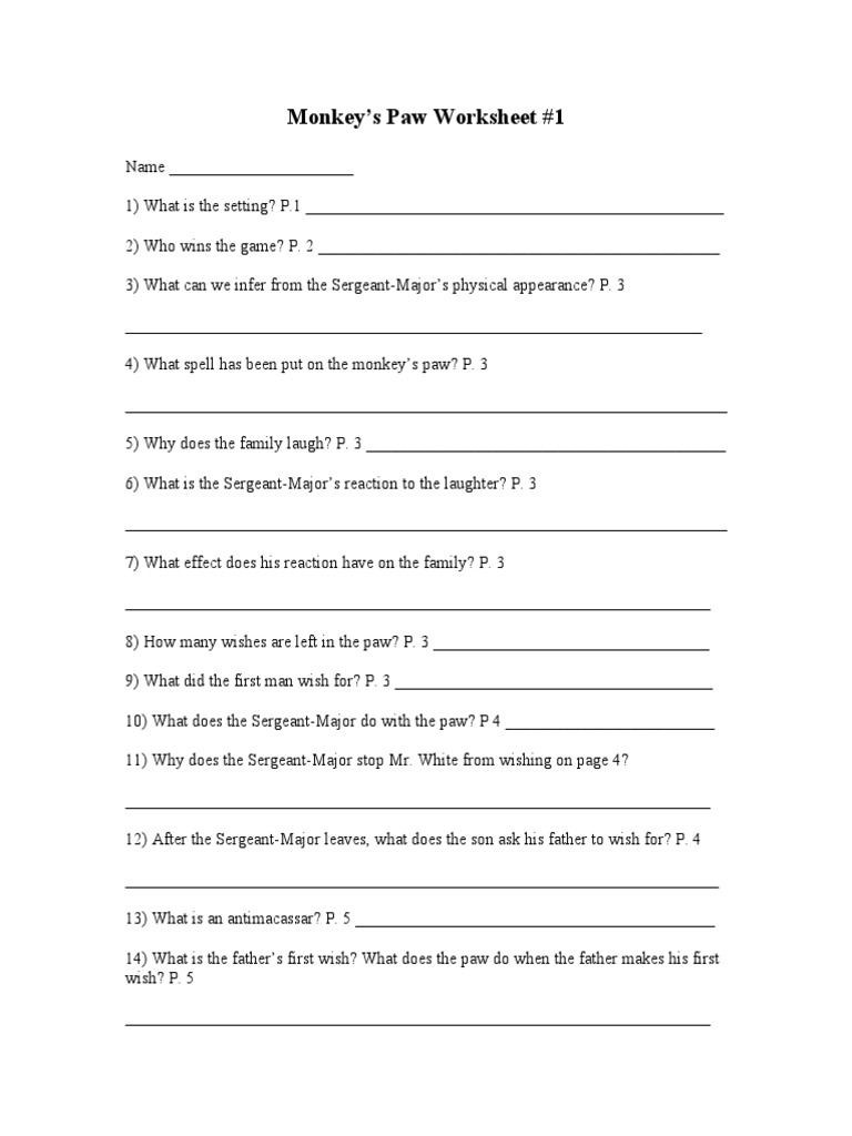 Monkey's Paw Worksheet and Questions | PDF | Sports & Recreation ...