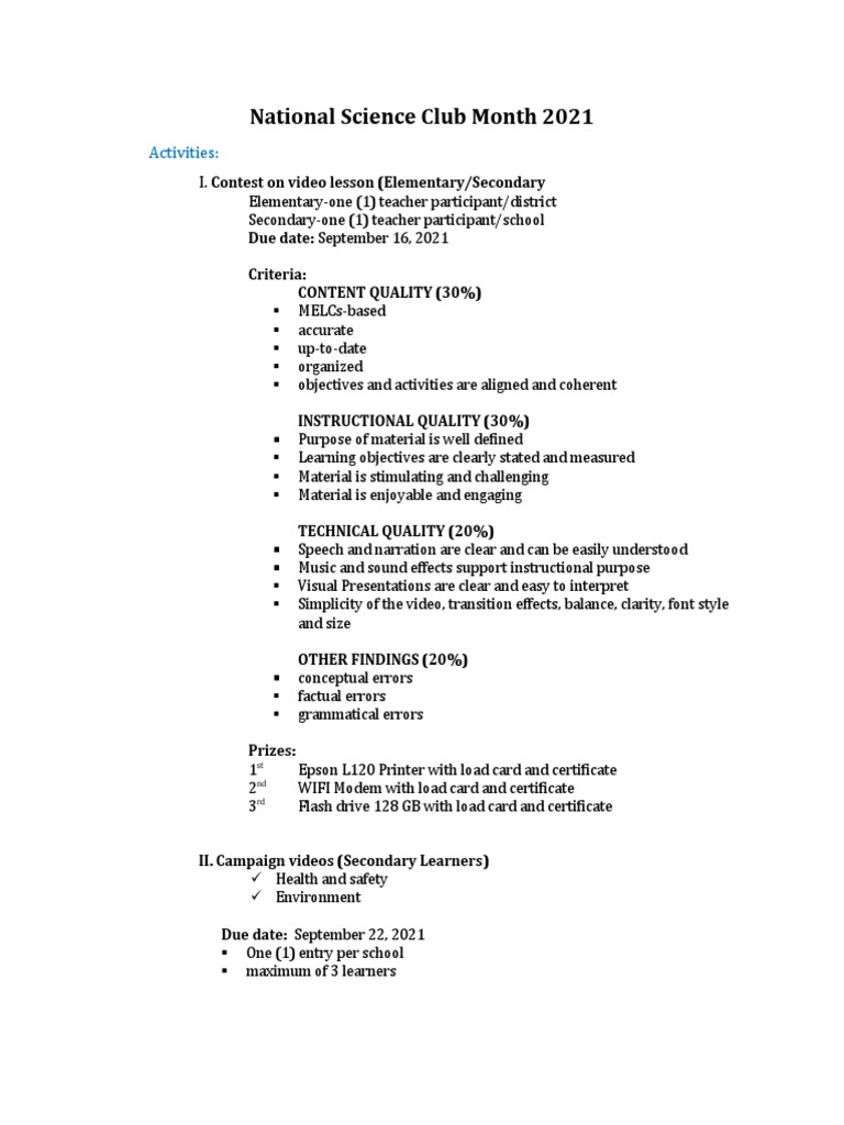 National Science Club Month 2021: Activities | PDF | Learning ...