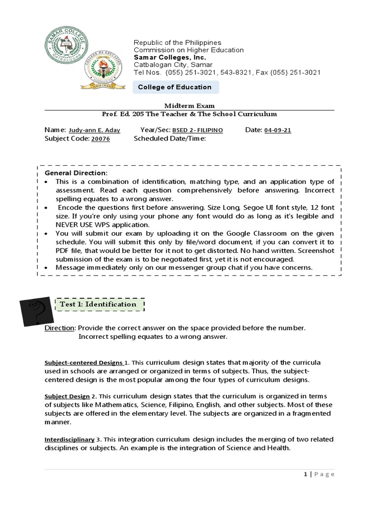Template - Midterm Exam - Prof. Ed. 205 | PDF | Curriculum | Design