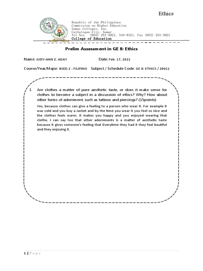 Template - Prelim Assessment in Ethics | PDF | Mary, Mother Of Jesus
