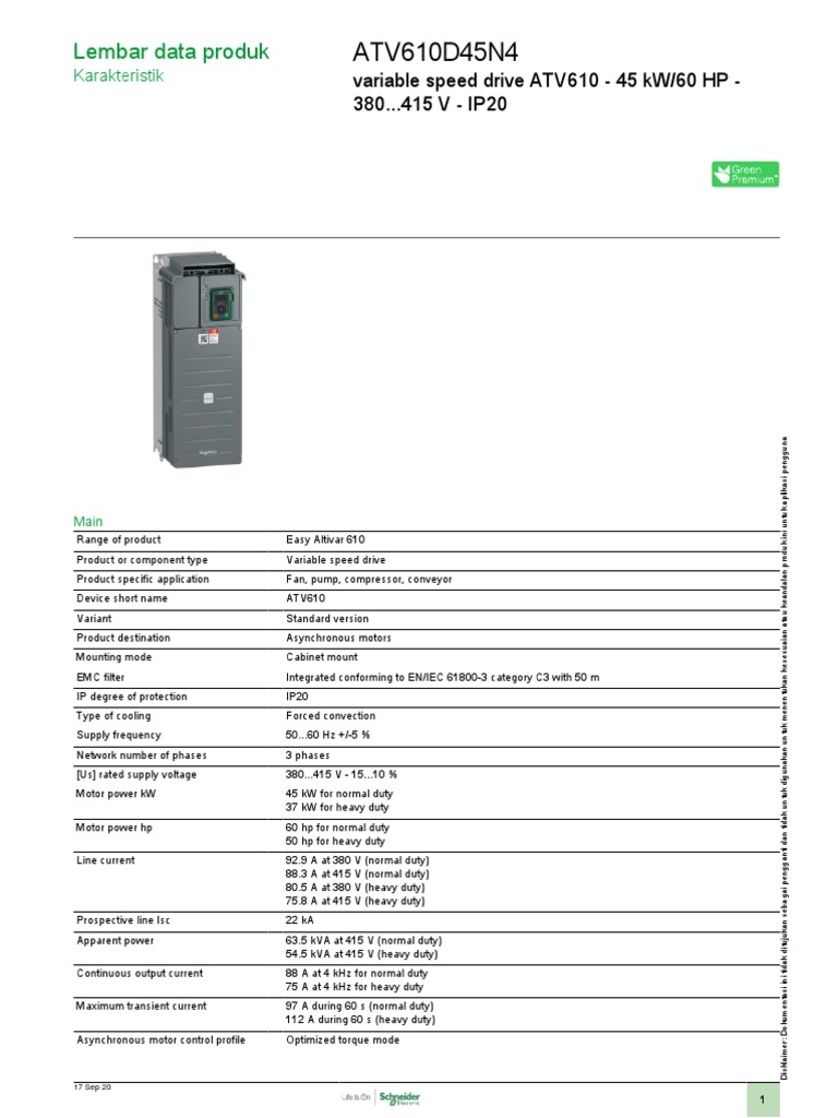 ATV610D45N4 Variable Speed Drive Data | PDF | Relay | Electric Motor