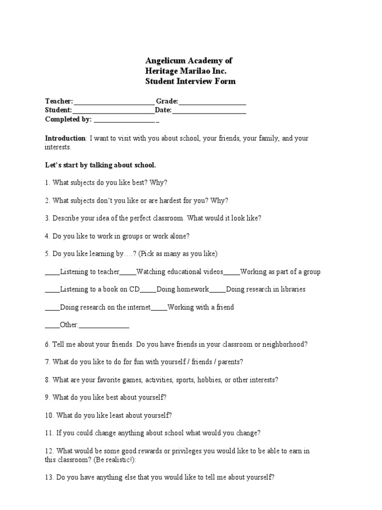 Student Insights Interview Form | PDF