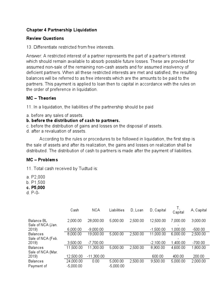 Chapter 4 Partnership Liquidation Review Questions | PDF | Preferred ...