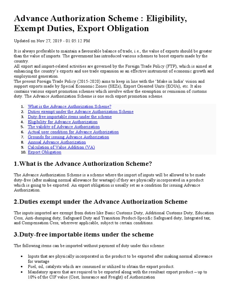 Advance Authorization Scheme Overview | PDF | Exports | Tariff