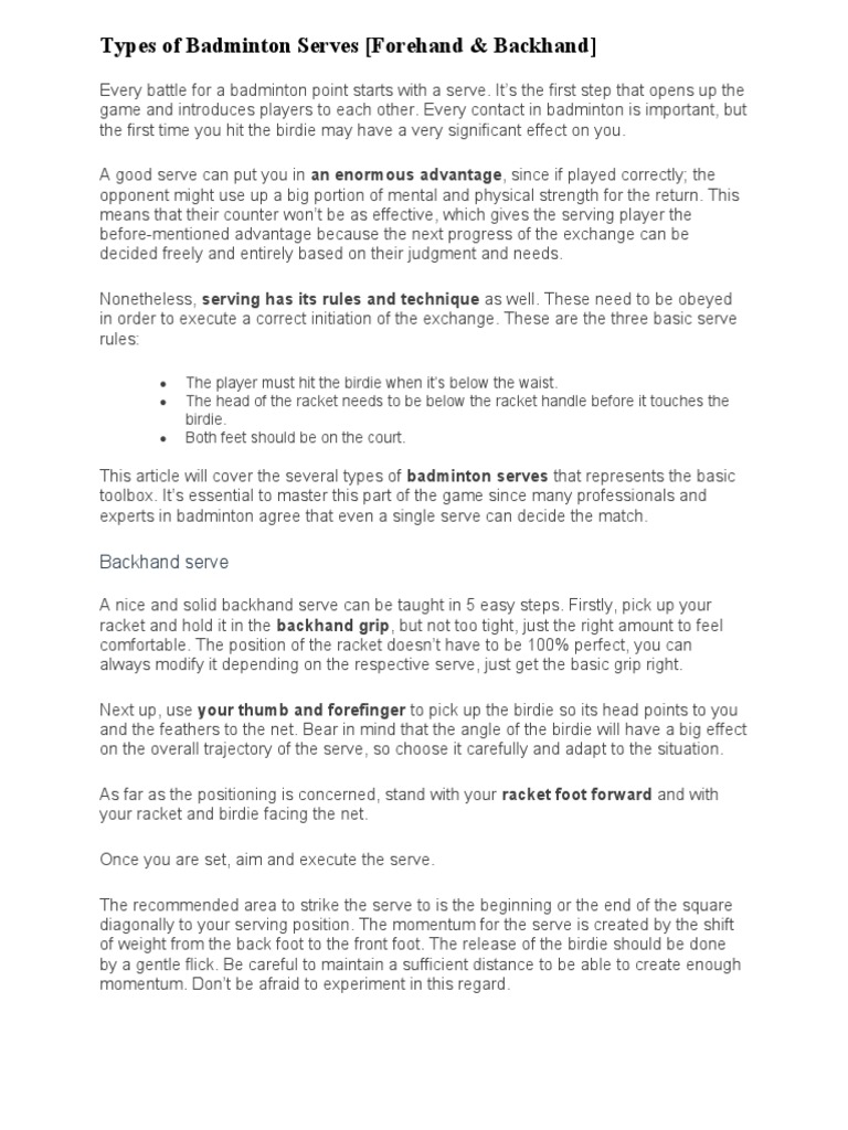 Types of Badminton Serves | PDF | Athletic Sports | Racquet Sports