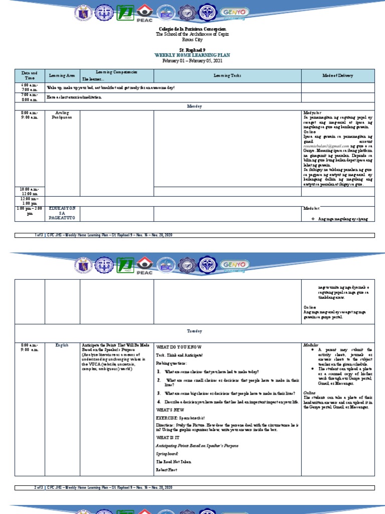 Grade 9 Weekly Home Learning Plan 1 5 Feb.01 Feb. 26 2021docx | PDF ...