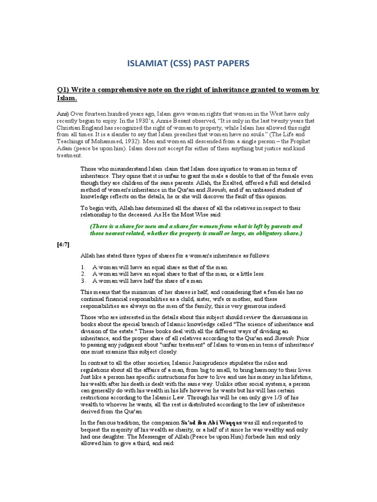 Islamiat (CSS) Past Papers: Q1) Write A Comprehensive Note On The Right ...
