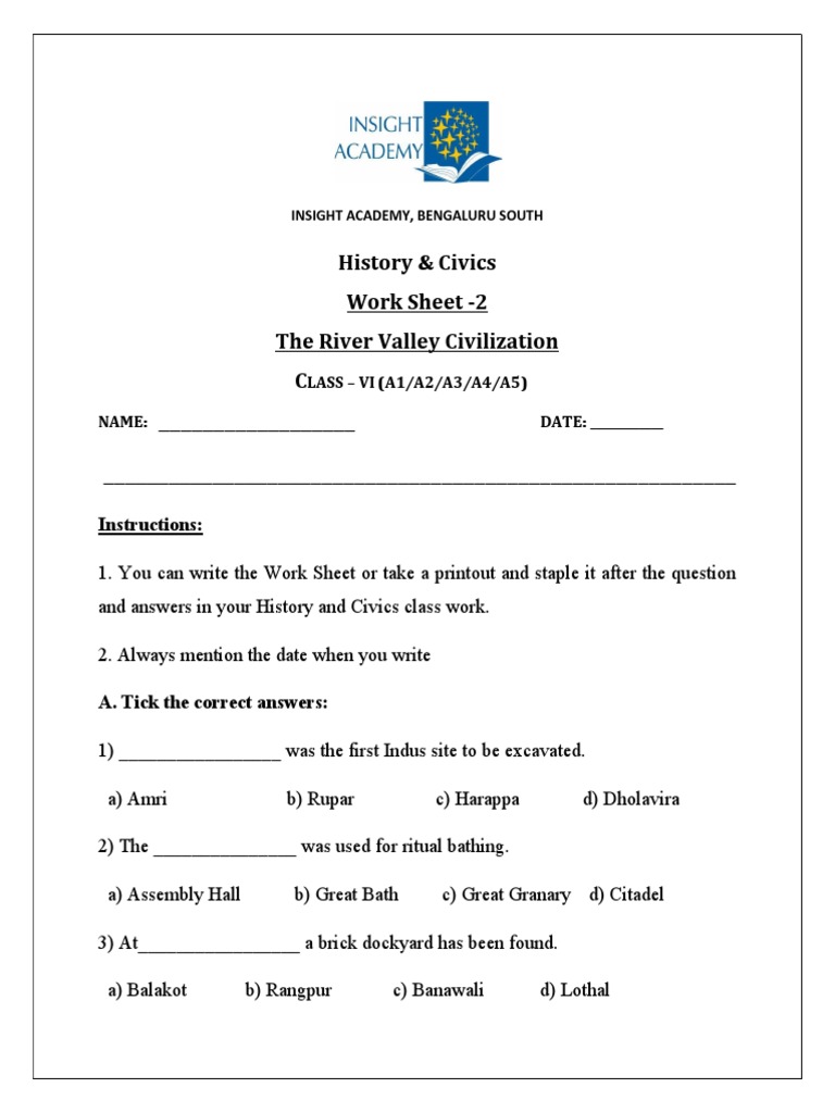 River Valley Civilization Worksheet | PDF | Indus River | South Asia