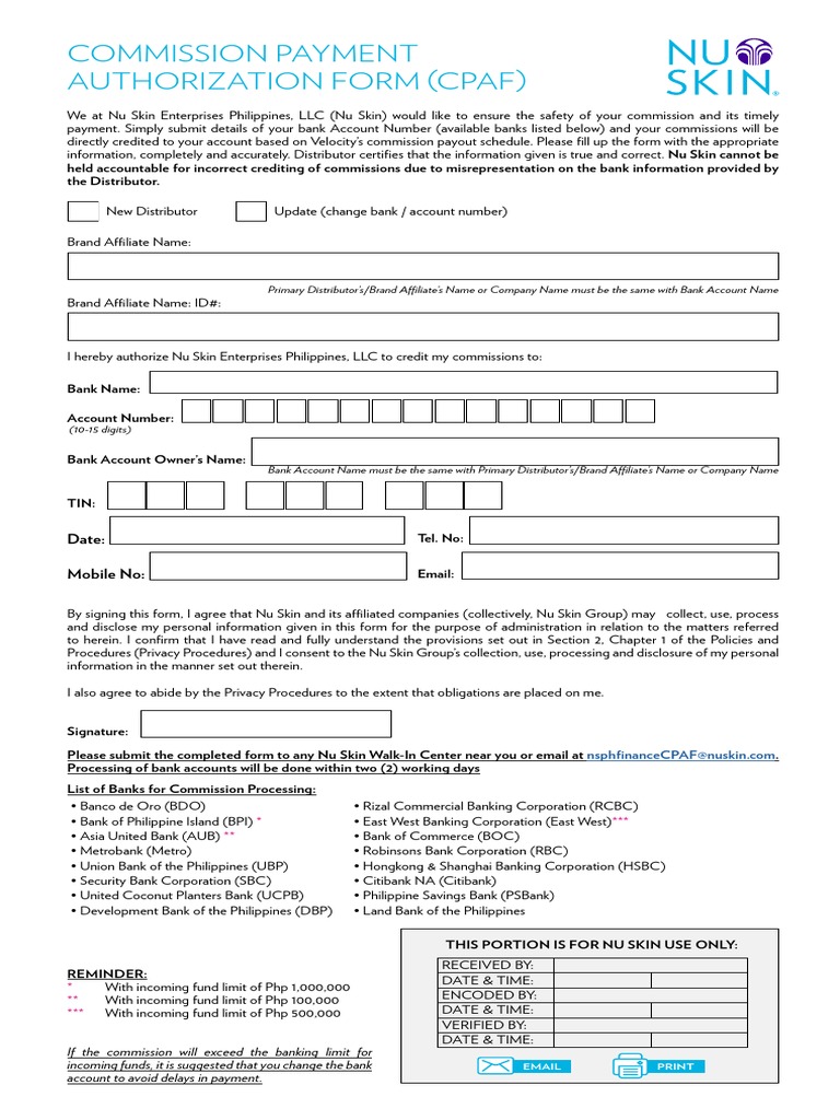 Commission Payment Authorization Form (Cpaf) : Date: Mobile No | PDF ...