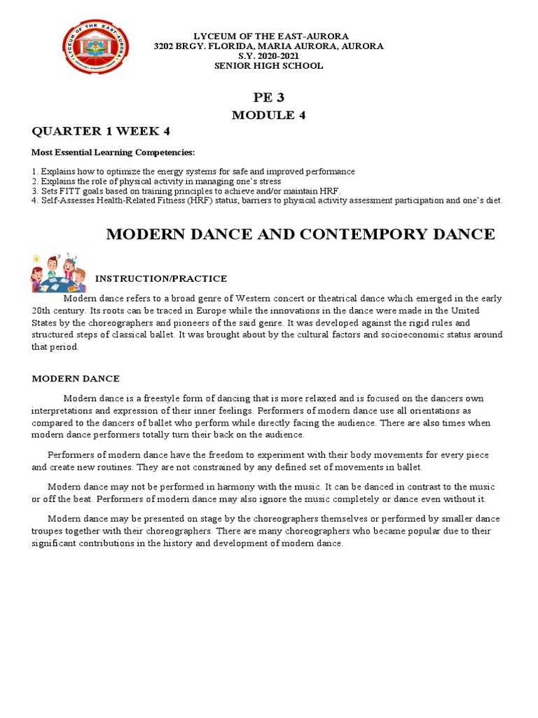 Q1, Module 4, Week 4 PE 3 (Q1) | PDF | Dances | Ballet