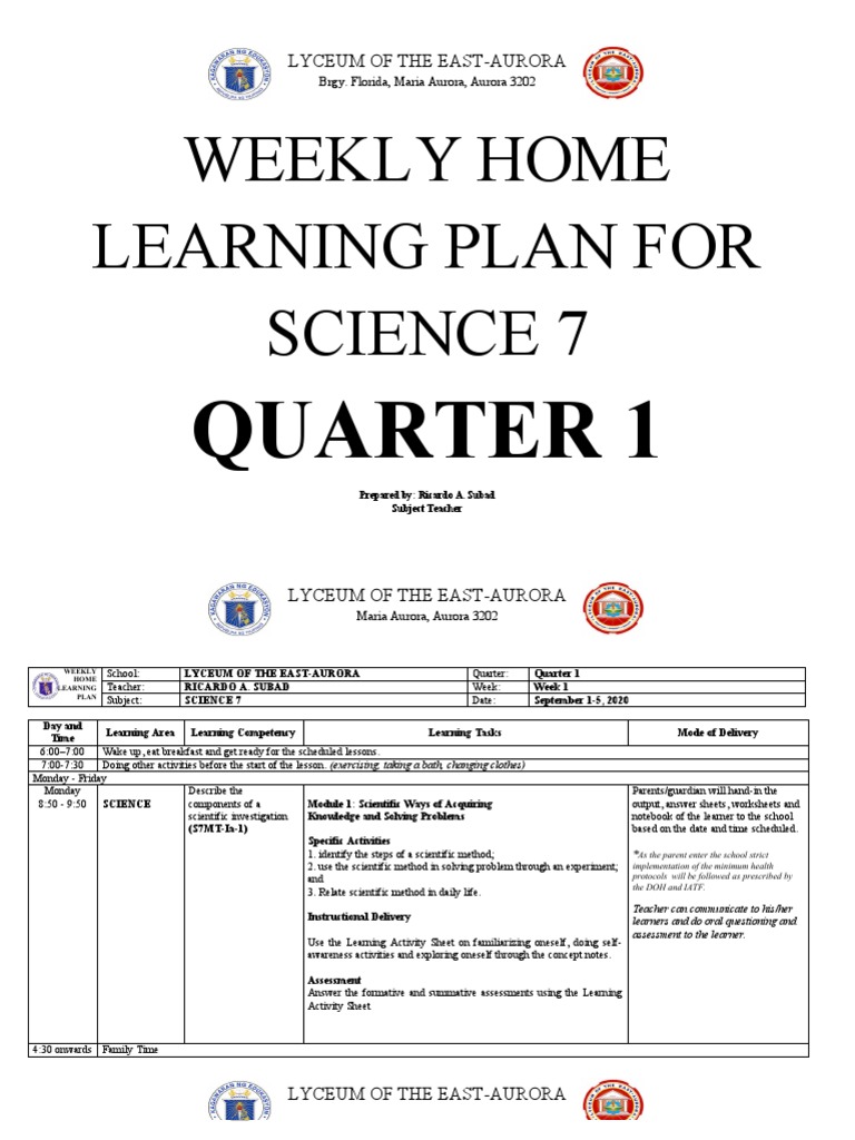Weekly Home Learning Plan For Science 7: Quarter 1 | PDF | Learning ...