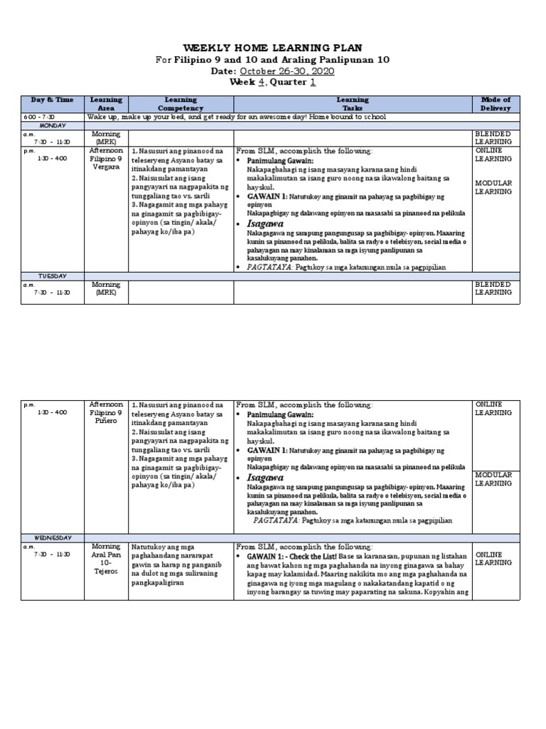 Weekly Home Learning Plan DAY 2 | PDF