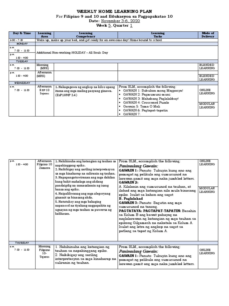 Weekly Home Learning Plan DAY 3 FILIPINO | PDF