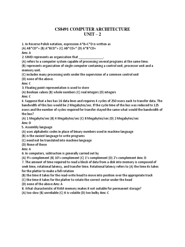 Cs8491 Computer Architecture Unit - 2: Ans: A | PDF | Random Access ... Cs8491 Computer Architecture Unit - 2: Ans: A | PDF | Random Access ...