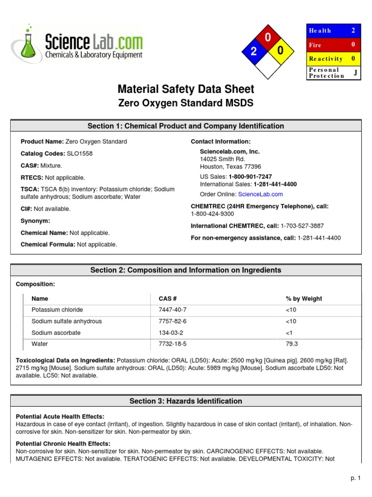 Zero Oxygen Standard MSDS: Section 1: Chemical Product and Company Identification | PDF | Water ...