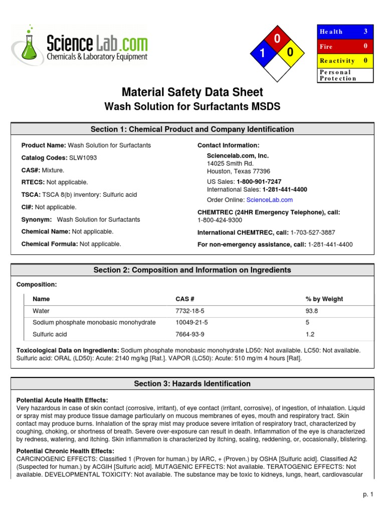 Msds Wash Solutoin For Surfactants (Sunlight) | PDF | Toxicity | Water