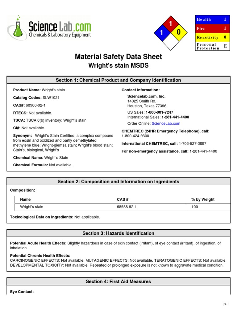 Msds Wright Stain (Wright) | PDF | Toxicity | Fires