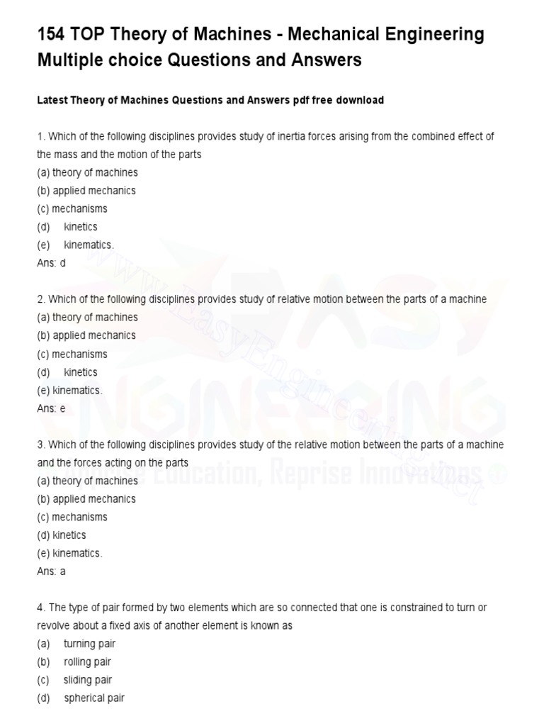 154 TOP Theory of Machines - Mechanical Engineering Multiple Choice Questions and Answers | PDF ...