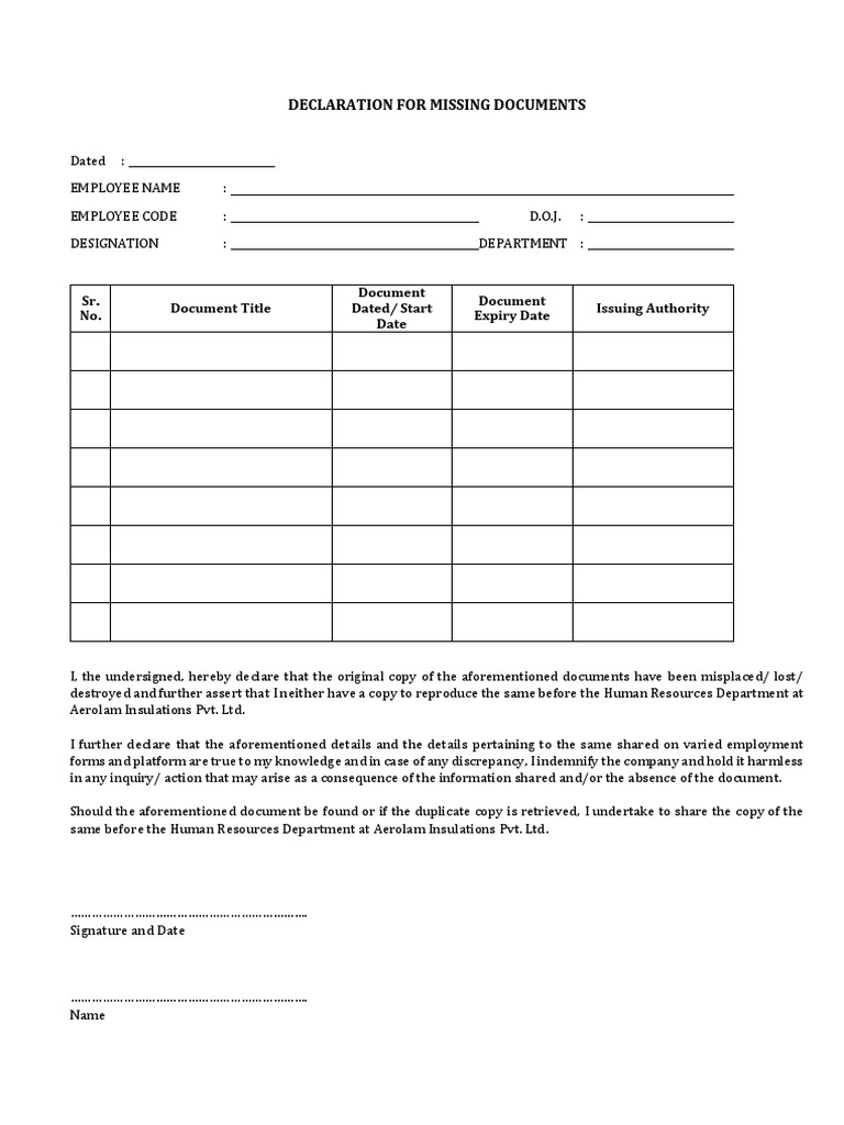 Declaration For Missing Documents | PDF