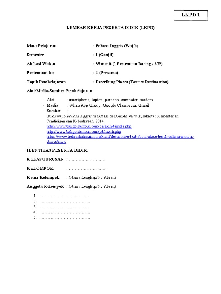 LKPD SMA Kelas X Descriptive Text | PDF | Bali