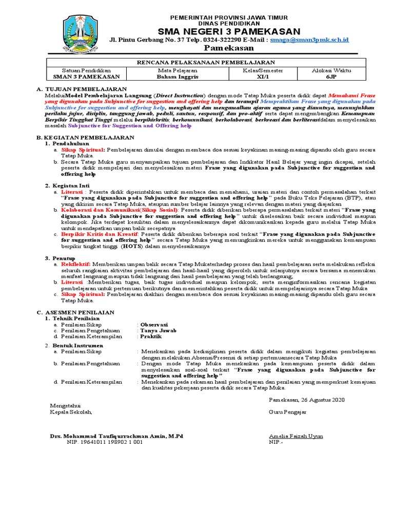 Template RPP 1 Lembar - Model Pembelajaran Langsung | PDF
