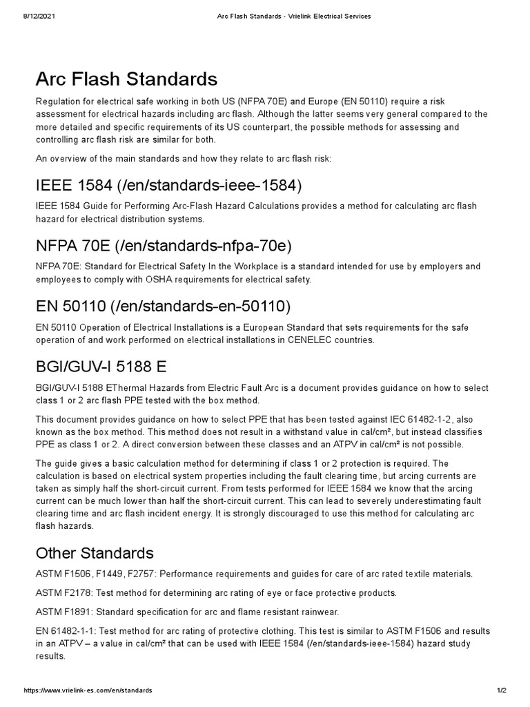 Arc Flash Standards - Vrielink Electrical Services | PDF | Safety ...