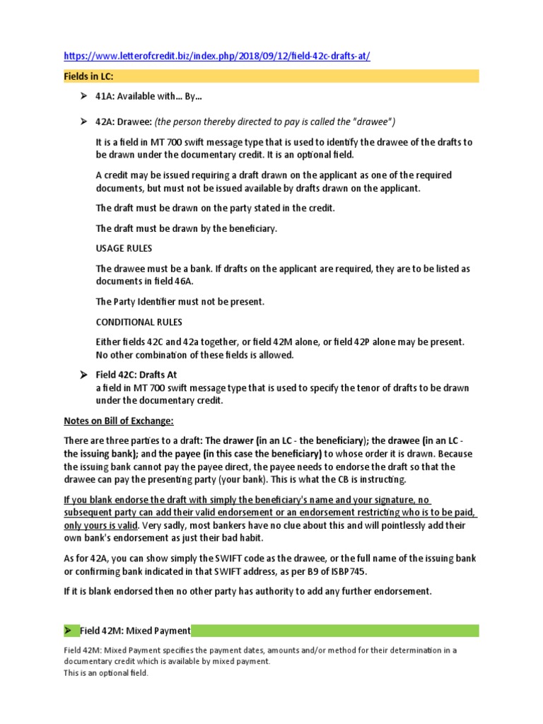 Field 42C Drafts At | PDF | Letter Of Credit | Service Industries