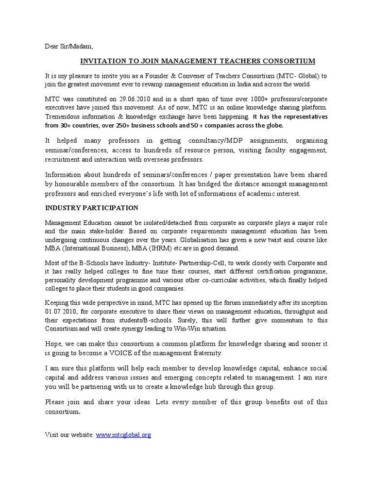 Invitation To Join Management Teachers Consortium, Global | PDF ...