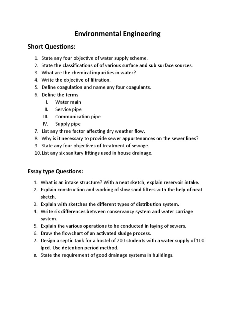 Environmental Engineering Questions on Water Supply and Sewage ...
