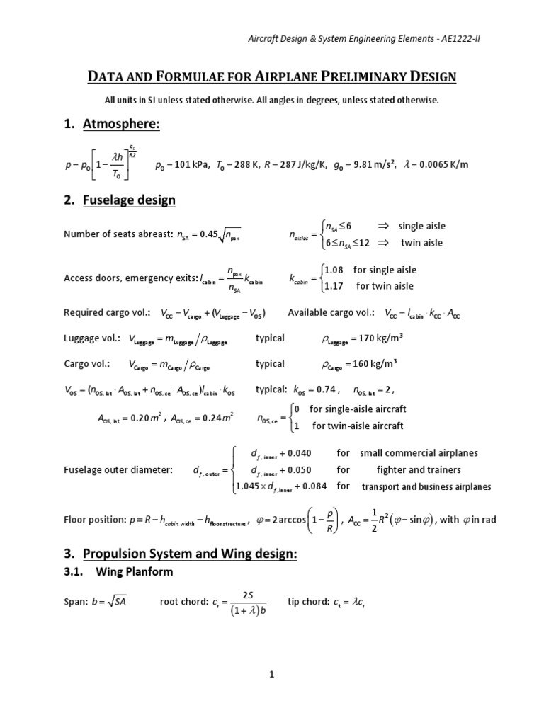 AE1222-II Formula Sheet Aircraft Design Version 25-3-2021 | PDF ...