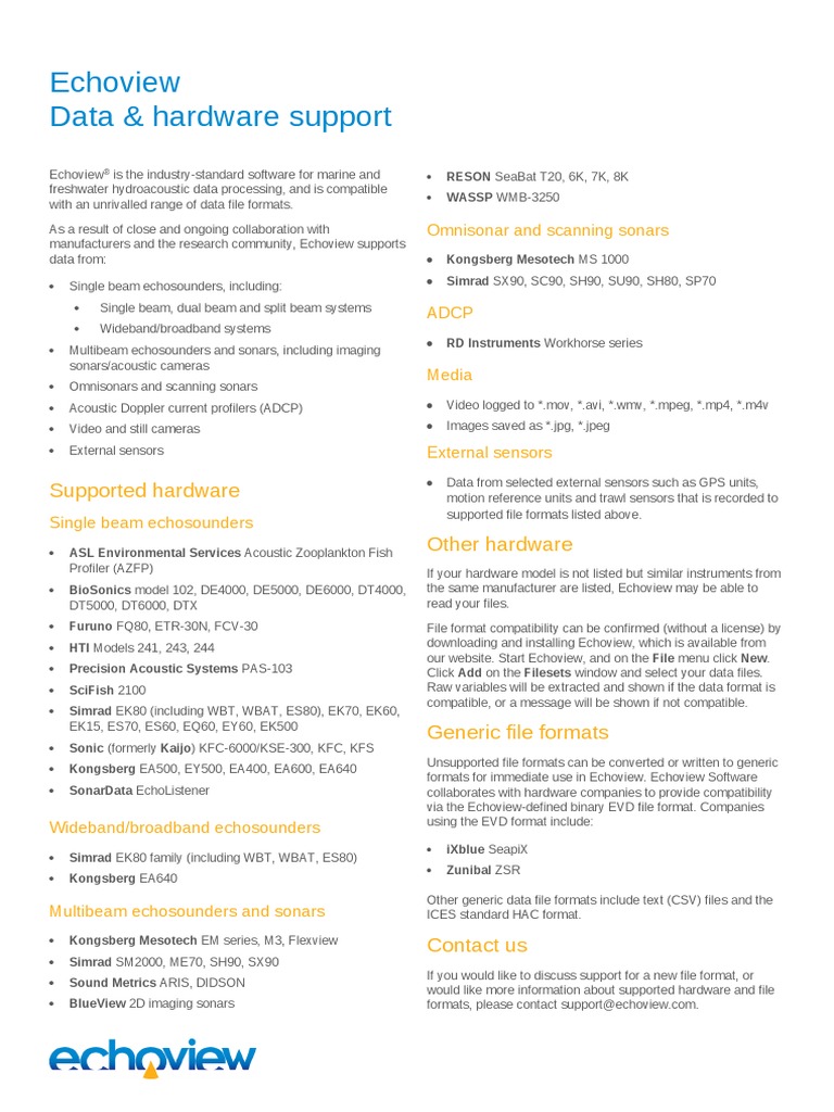 Echoview Data & Hardware Support: Supported Hardware Other Hardware | PDF | Sonar | File Format