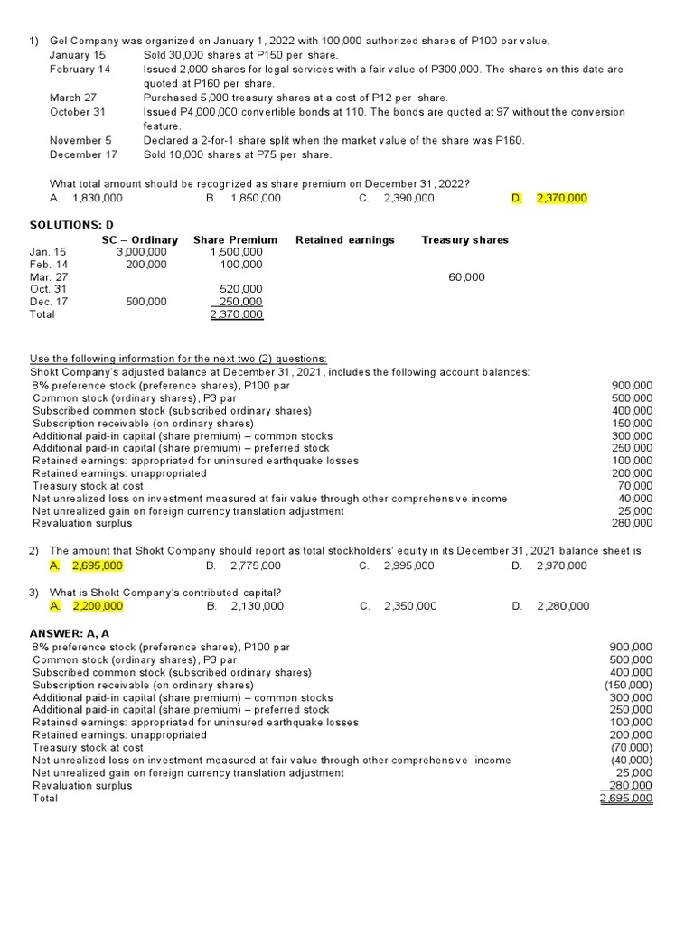 Solutions: D SC - Ordinary Share Premium Retained Earnings Treasury ...