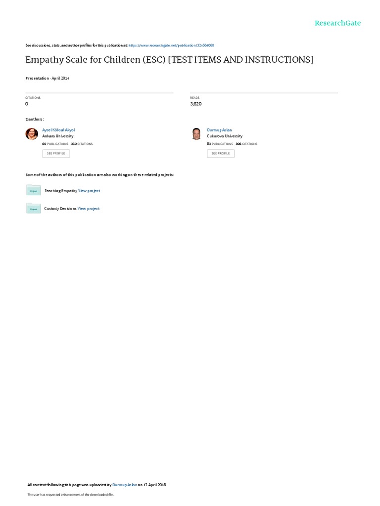 Empathy Scale For Children (ESC) (TEST ITEMS AND INSTRUCTIONS) | PDF ...