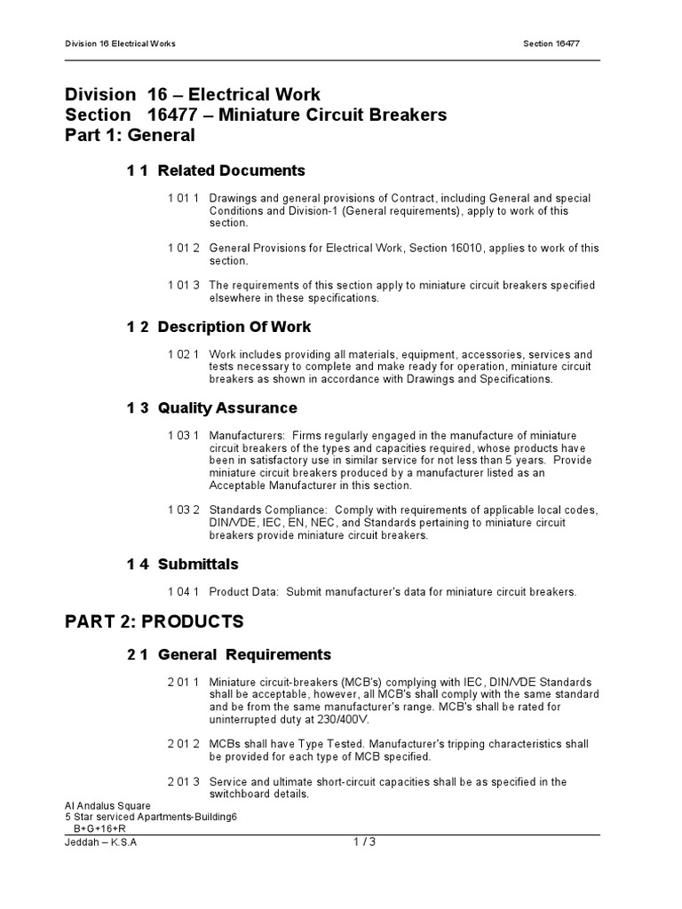 Division 16 - Electrical Work Section 16477 - Miniature Circuit ...