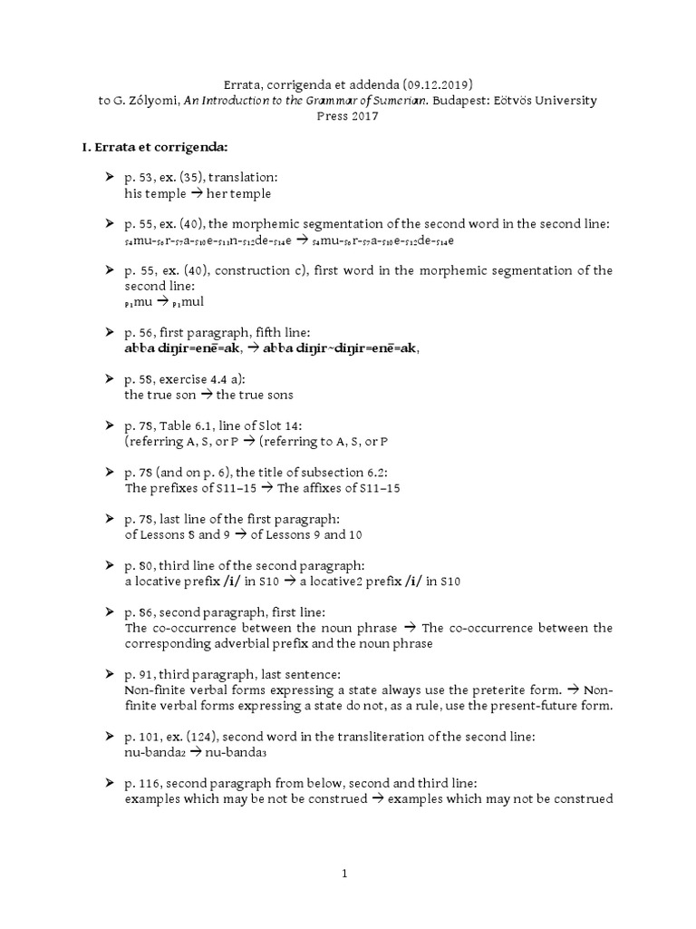 Errata Corrigenda Et Addenda To G. Zolyo | PDF | Word | Morphology ...