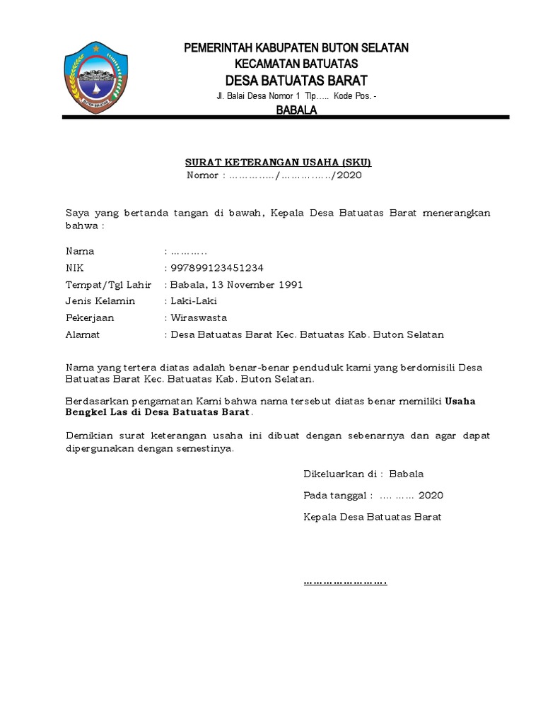 Contoh Surat Keterangan Usaha Untuk KUR BRI Format | PDF